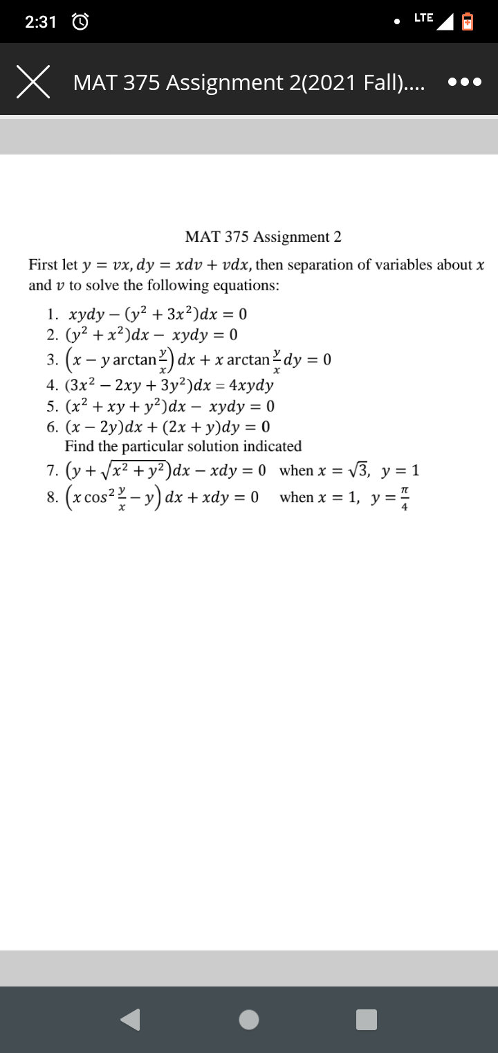 Solved 2:31 LTE MAT 375 Assignment 2(2021 Fall).... ... MAT | Chegg.com