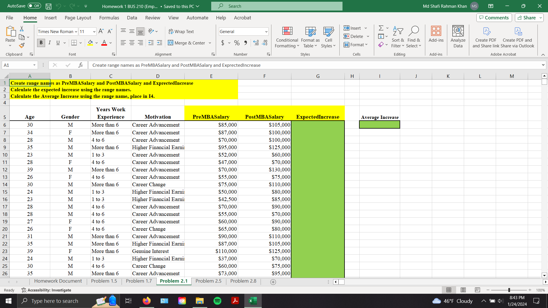 Solved Calculate the expected increase using range names. | Chegg.com