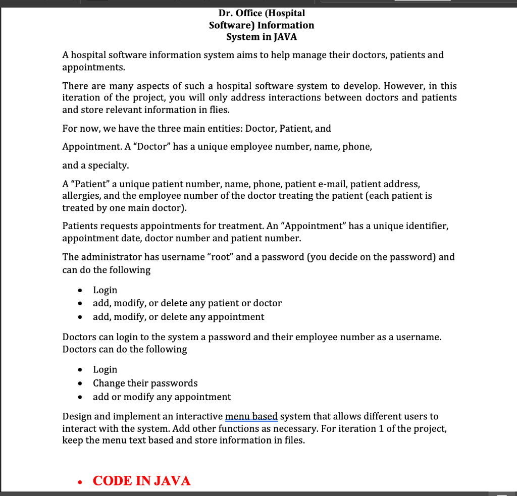 Dr. Office (Hospital Software) Information System in | Chegg.com