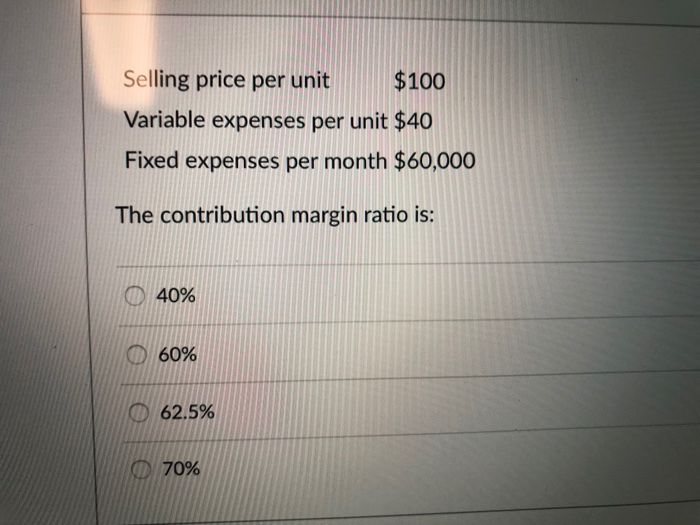 Solved Selling price per unit $100 Variable expenses per | Chegg.com