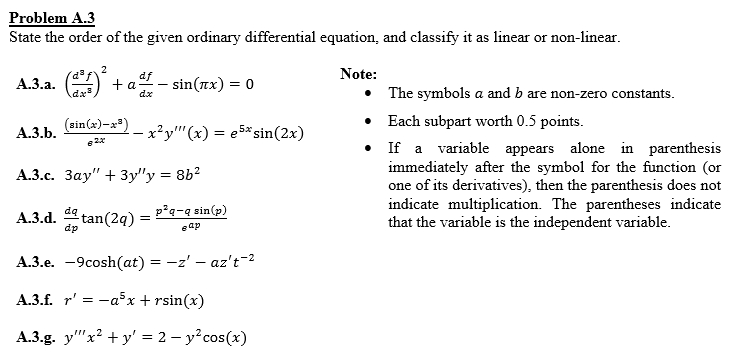 Solved Problem A.3 State the order of the given ordinary | Chegg.com