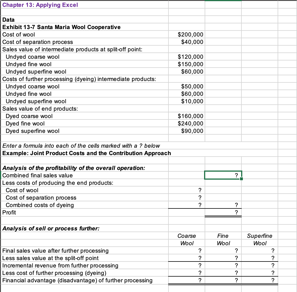 Solved Chapter 13: Applying Excel: Excel Worksheet (Part 1 | Chegg.com Solved Chapter 13: Applying Excel: Excel Worksheet (Part 1 | Chegg.com