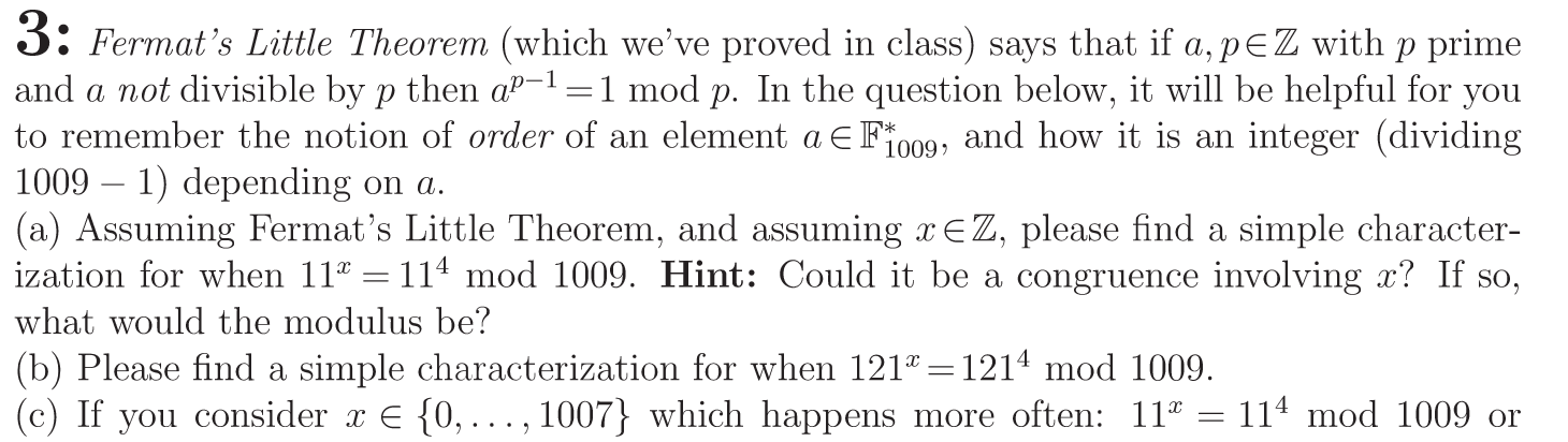 Solved 3: Fermat's Little Theorem (which we've proved in | Chegg.com