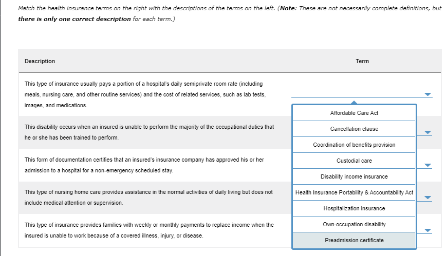 Solved Match the health insurance terms on the right with | Chegg.com