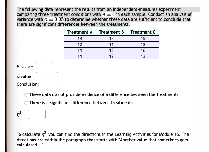 Solved The following data represent the results from an | Chegg.com
