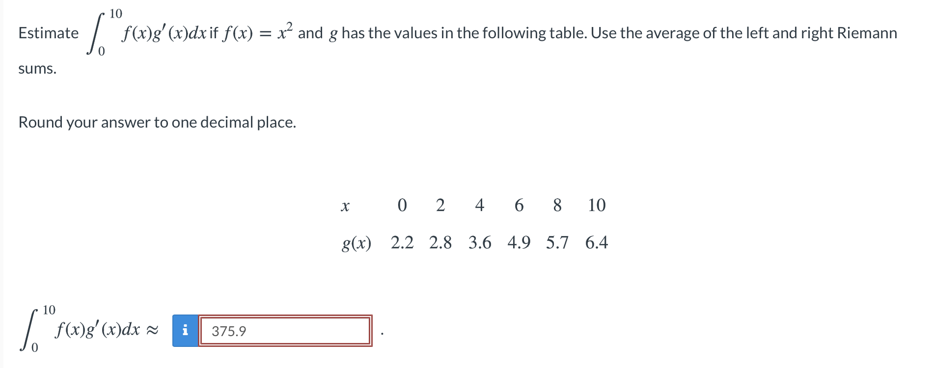 Solved 10 Estimate S "F(a)g'(x)dxif f(x) = x+ and g has the | Chegg.com