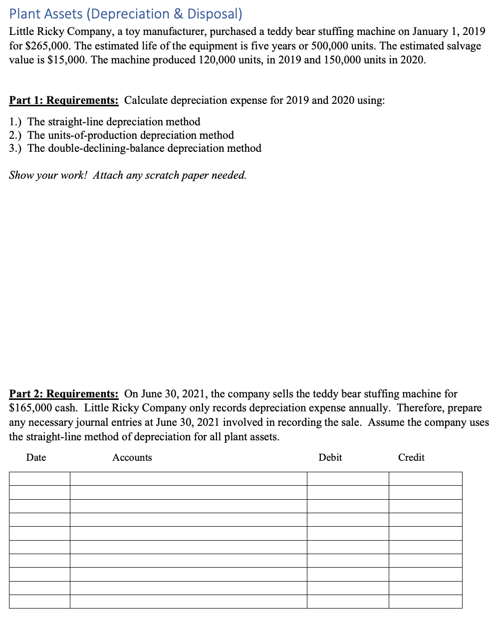 Solved Plant Assets (Depreciation & Disposal) Little Ricky | Chegg.com