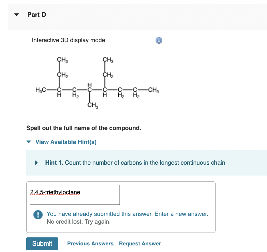 Solved Part D Interactive 3D display mode CH3 CH3 CH2 CH H2C | Chegg.com