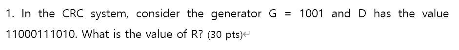 Solved 1. In the CRC system, consider the generator G = 1001 | Chegg.com