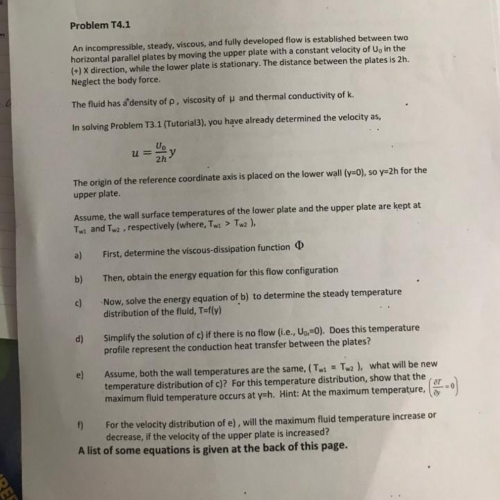Solved Problem T4.1 An incompressible, steady, viscous, and | Chegg.com
