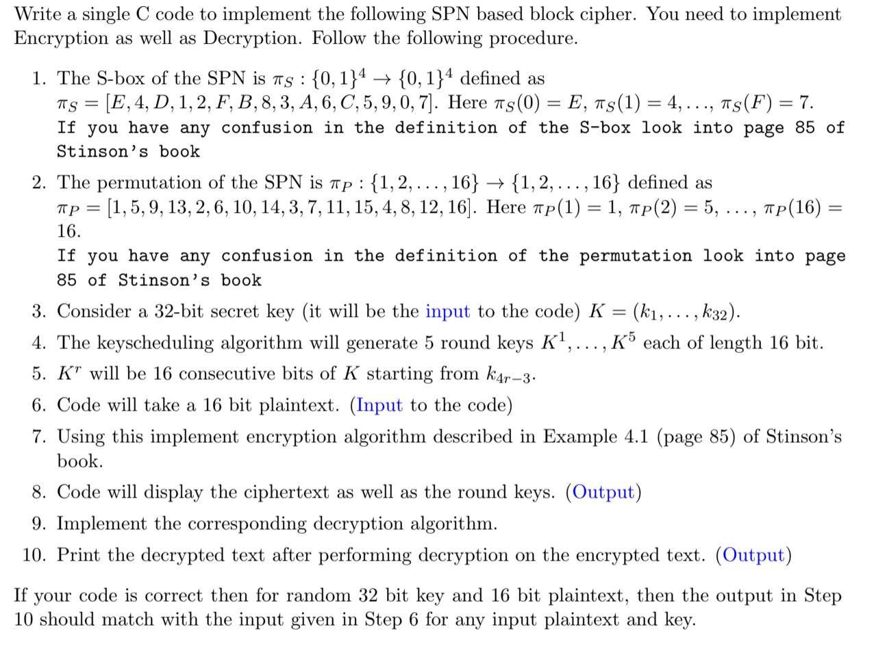Write a single C code to implement the following SPN | Chegg.com