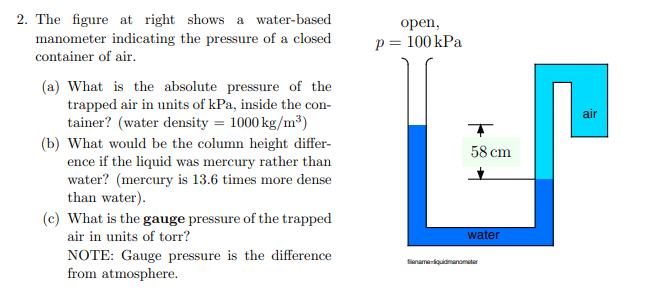 Solved 2. The figure at right shows a water-based manometer | Chegg.com