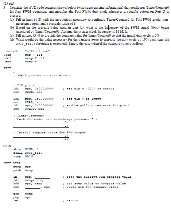 [25 pts] 3- Consider the AVR code segment shown below | Chegg.com