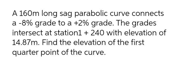Solved A 160m long sag parabolic curve connects a -8% grade | Chegg.com