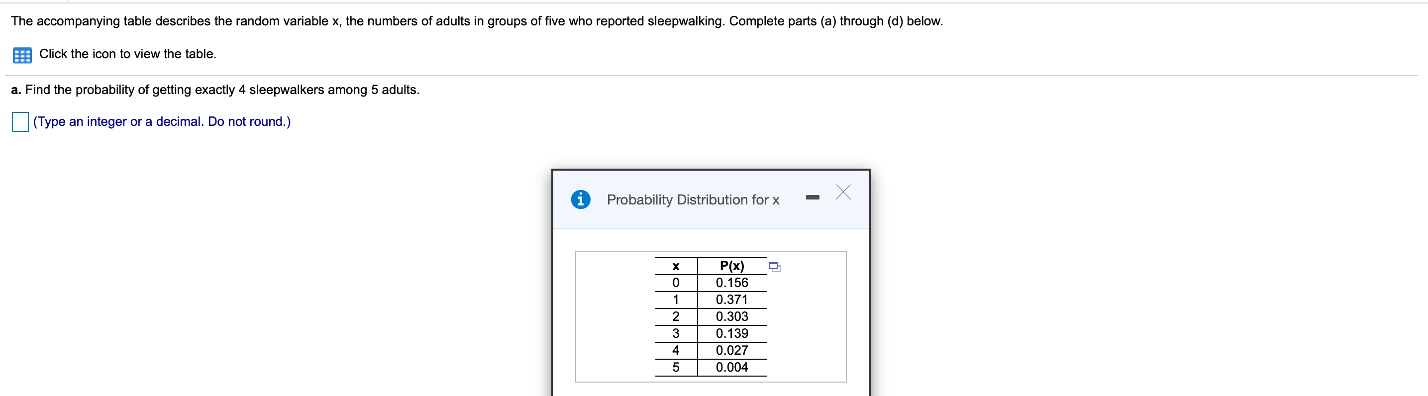 Solved The accompanying table describes the random variable | Chegg.com