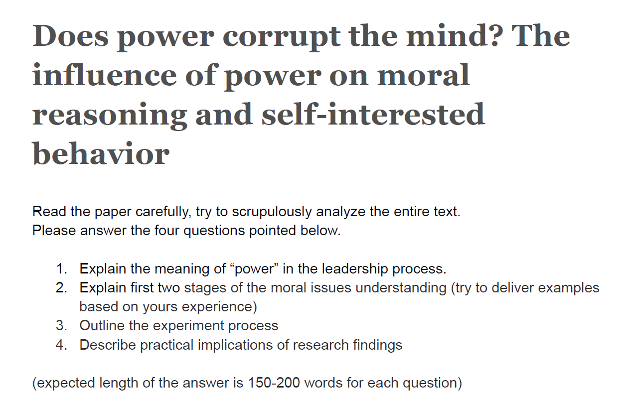 Solved Does power corrupt the mind? The influence of power | Chegg.com