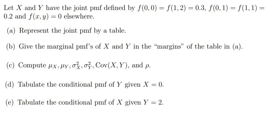 Solved Let X and Y have the joint pmf defined by f(0,0) = | Chegg.com