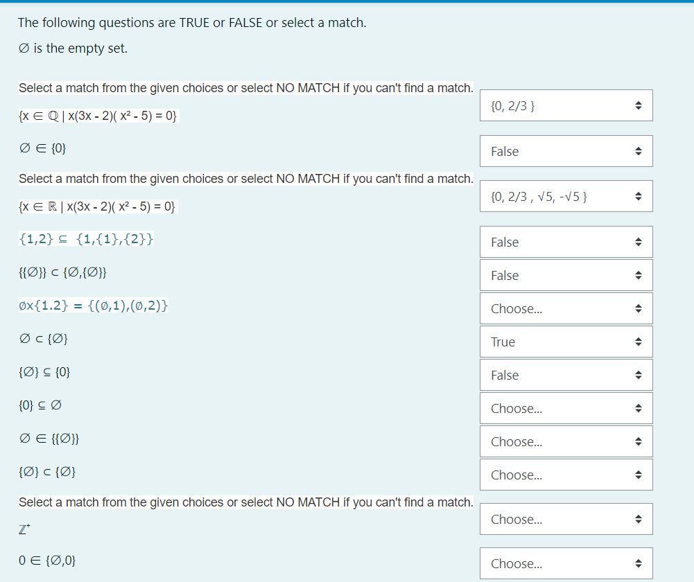 Solved Choose... {0, 2/3, V5, -v5} 0 True {0, 2/3} 0, 2/3 | Chegg.com