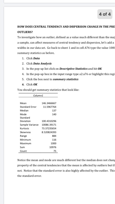 Solved Summary of Descriptive Statistics Excel will tabulate | Chegg.com