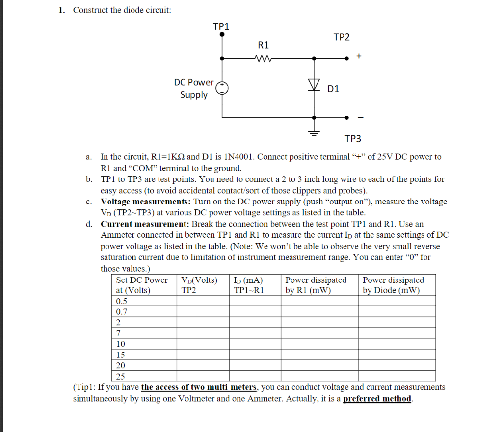 Solved 1. Construct the diode circuit: TP1 TP2 R1 + DC Power | Chegg.com