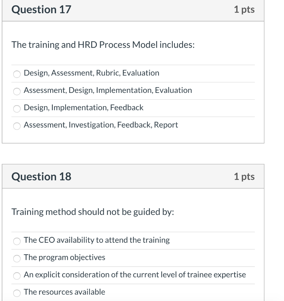 Solved Question 17 1 pts The training and HRD Process Model | Chegg.com