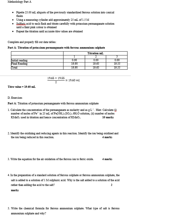 Solved Methodology Part A • Pipette 25.00 mL aliquots of the | Chegg.com