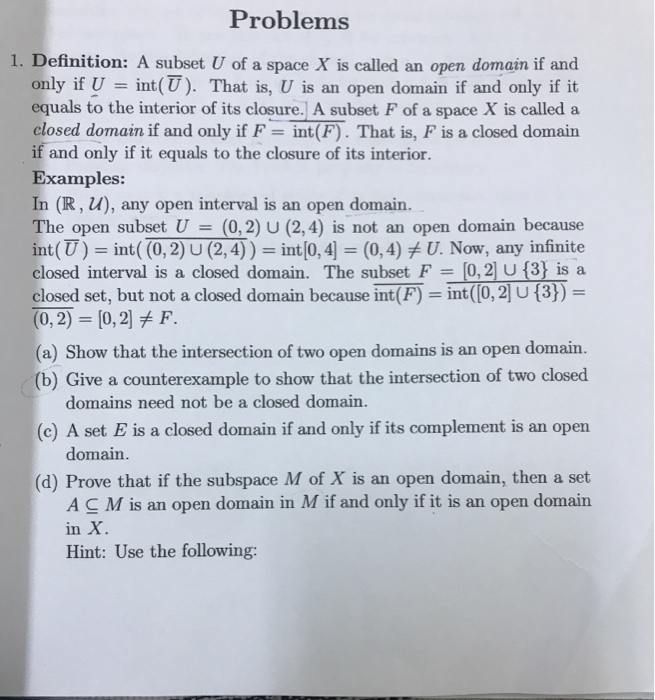 Solved 1. Definition: A subset U of a space X is called an | Chegg.com