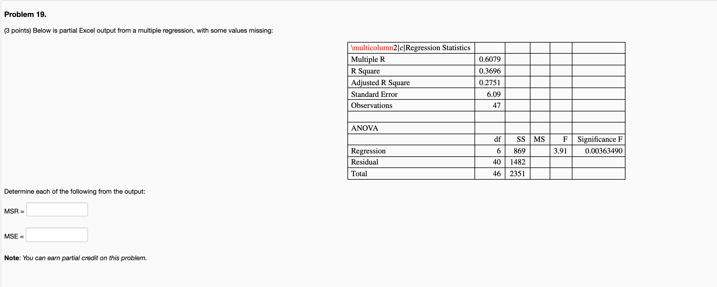 Solved Problem 19. (3 points) Below is partial Excel output | Chegg.com