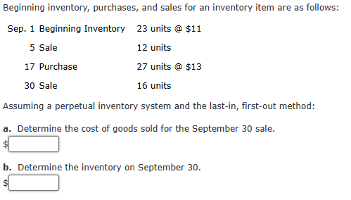Solved Beginning inventory, purchases, and sales for an | Chegg.com