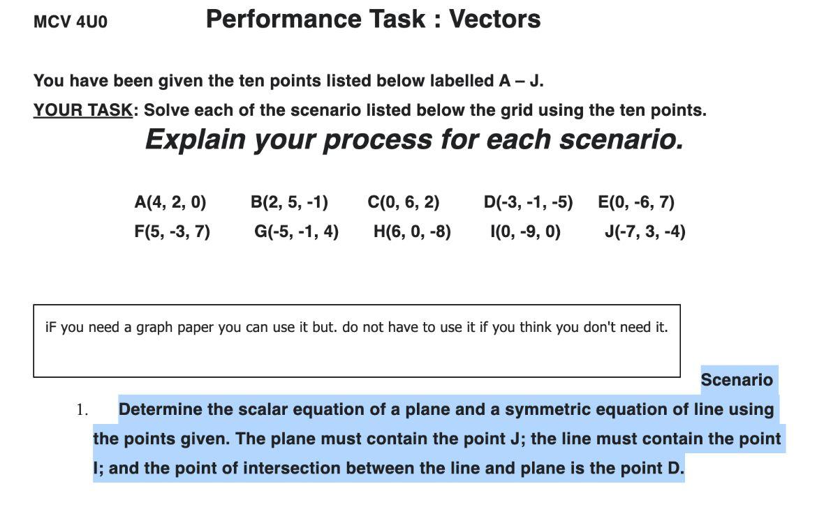Solved MCV 4U0 Performance Task: Vectors You have been given | Chegg.com
