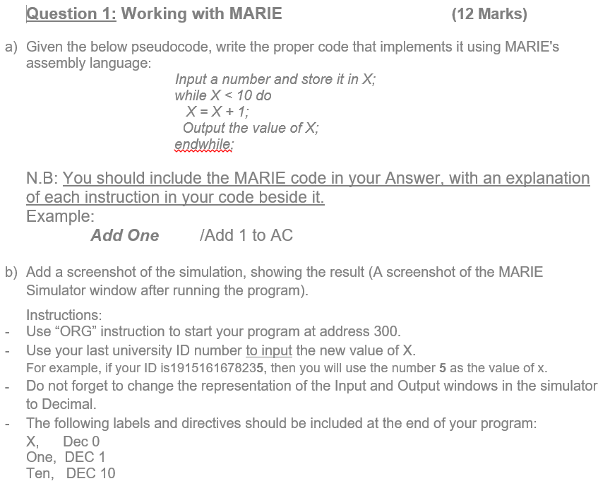 Solved Question 1: Working with MARIE (12 Marks) a) Given | Chegg.com