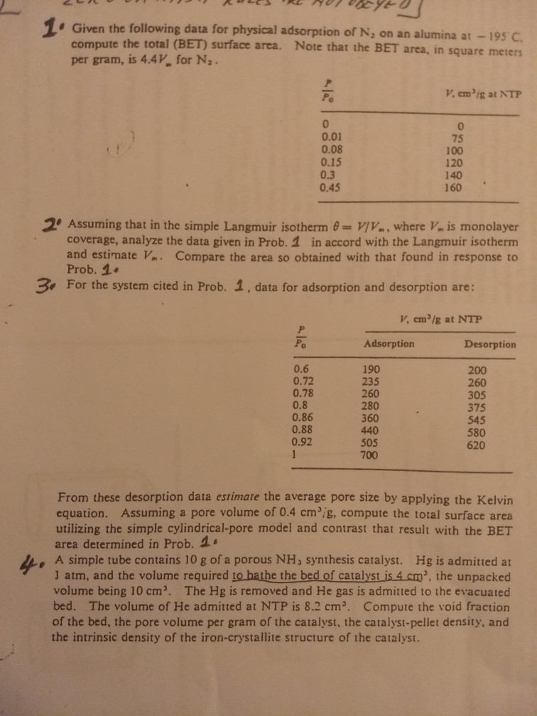 Solved Given the following data for physical adsorption of | Chegg.com