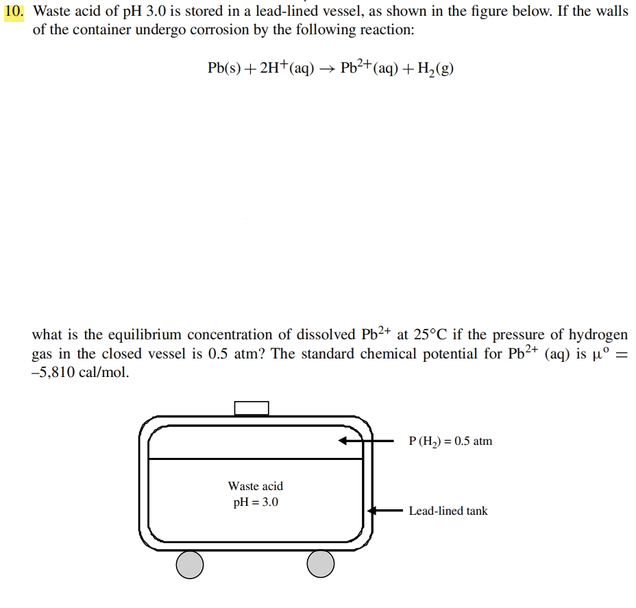 Waste acid of pH3.0 ﻿is stored in a lead-lined | Chegg.com