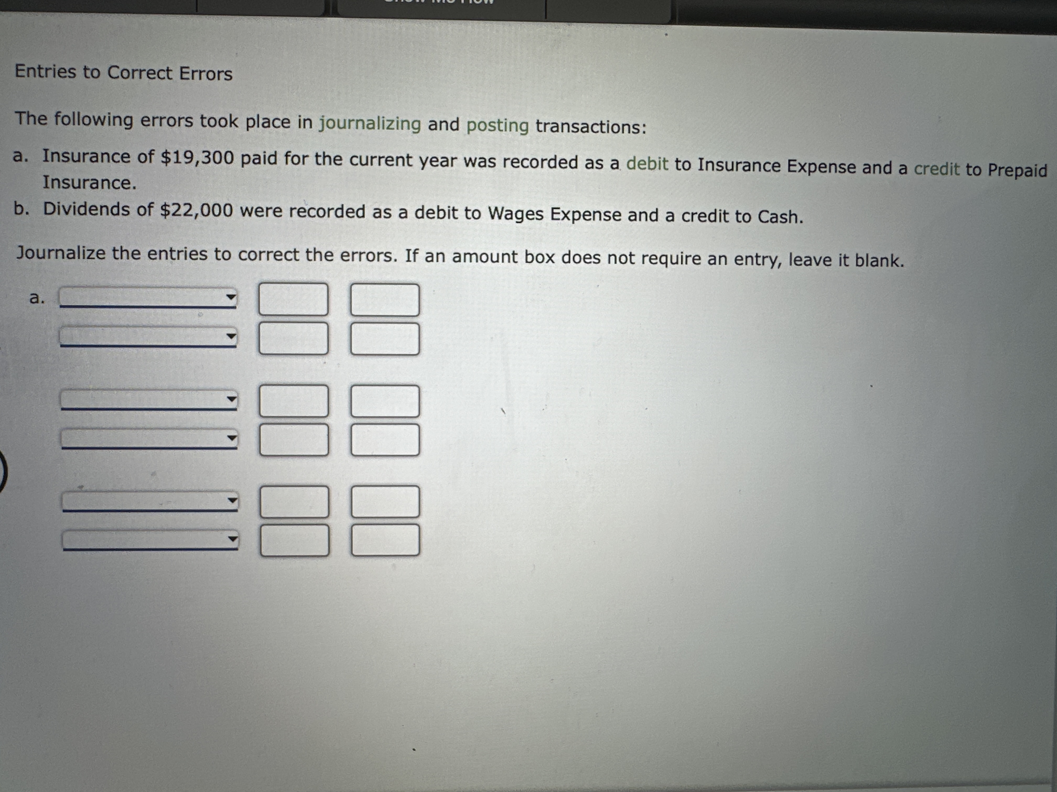 Solved Entries to Correct Errors The following errors took | Chegg.com