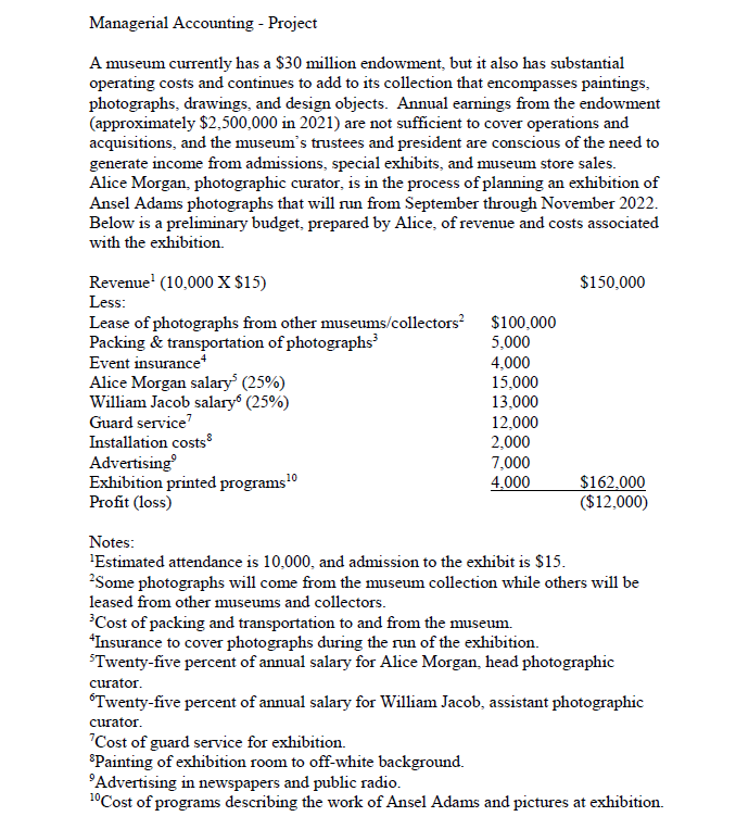 Managerial Accounting - Project A museum currently | Chegg.com