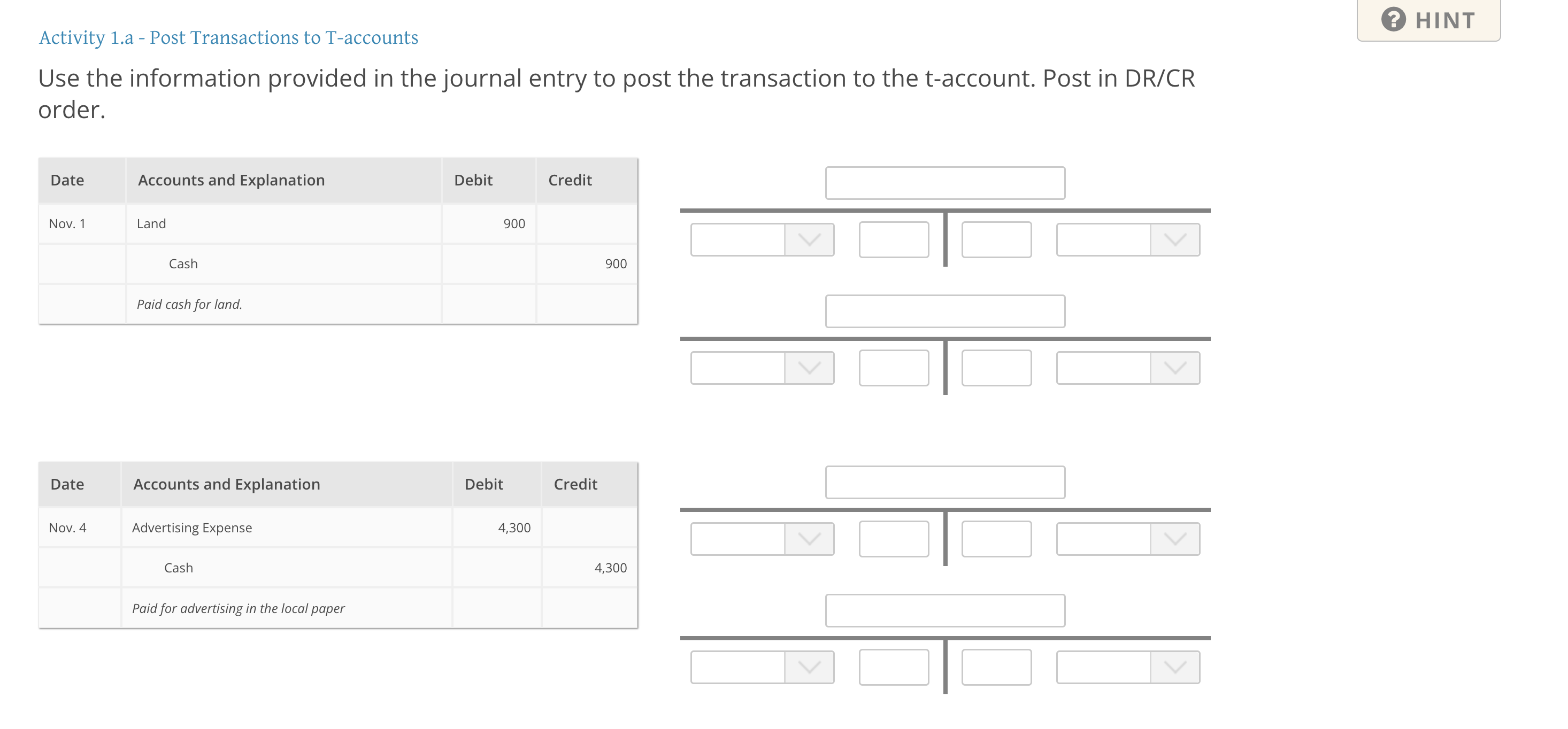 Solved Activity 1.a - Post Transactions to T-accounts Use | Chegg.com