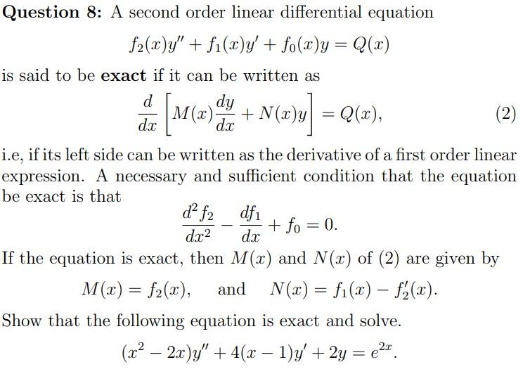 Solved Question 8: A second order linear differential | Chegg.com