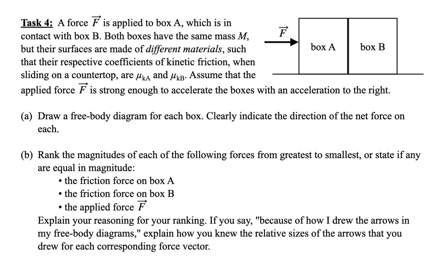 Task 4: A force F is applied to box A, which is in | Chegg.com