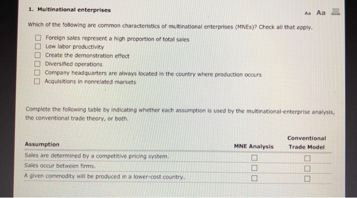 Solved 1. Multinational enterprises Aa Aa Which of the | Chegg.com
