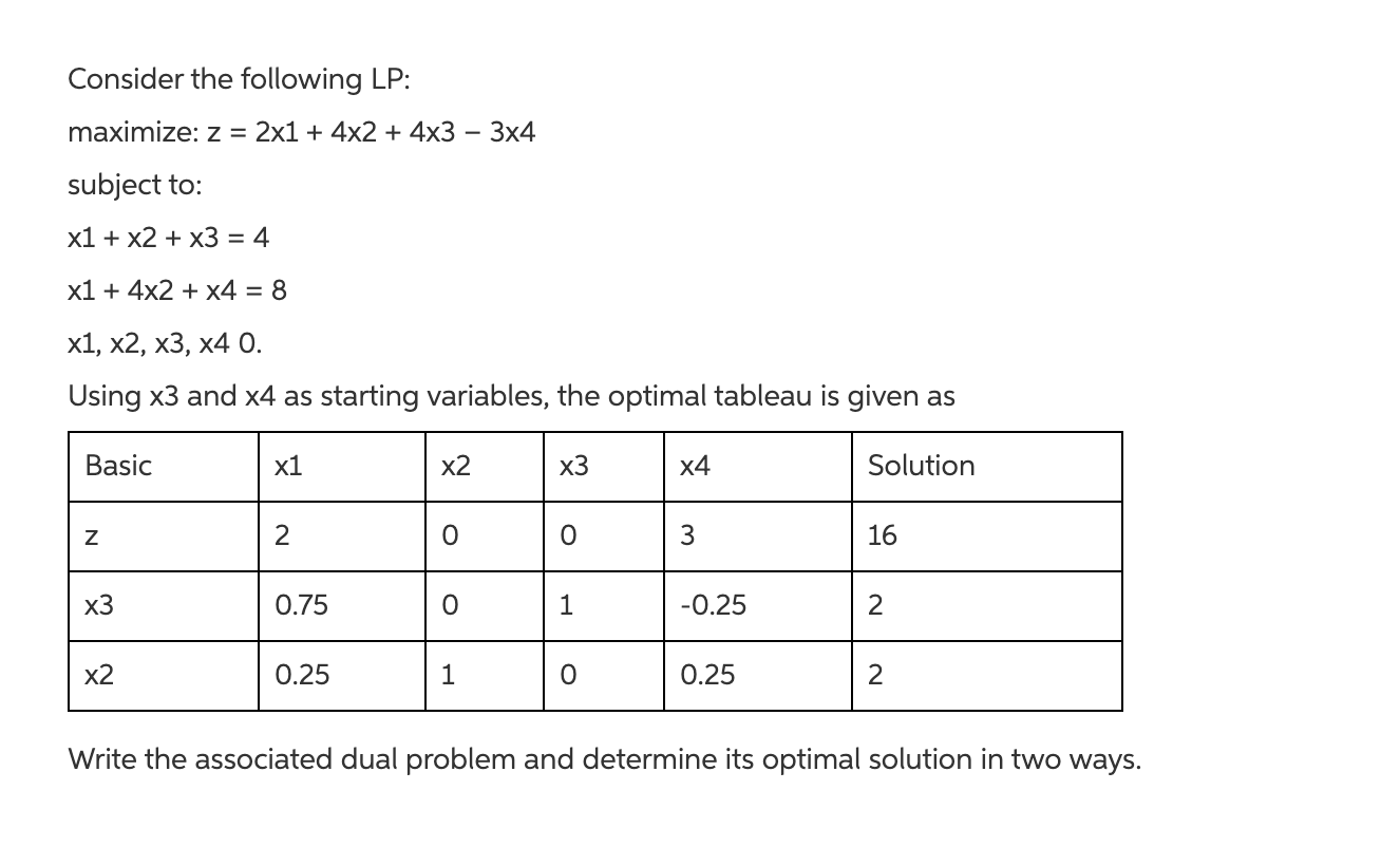 Solved Consider the following LP: maximize: z = 2x1+ 4x2 4x3 | Chegg.com