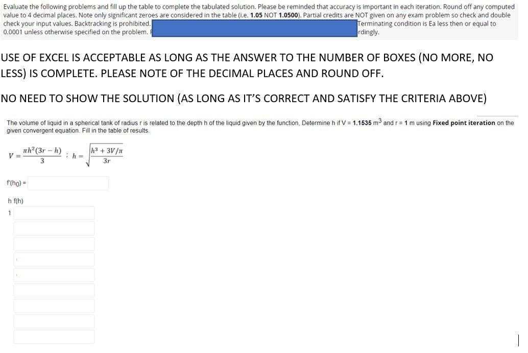 Evaluate the following problems and fill up the table | Chegg.com