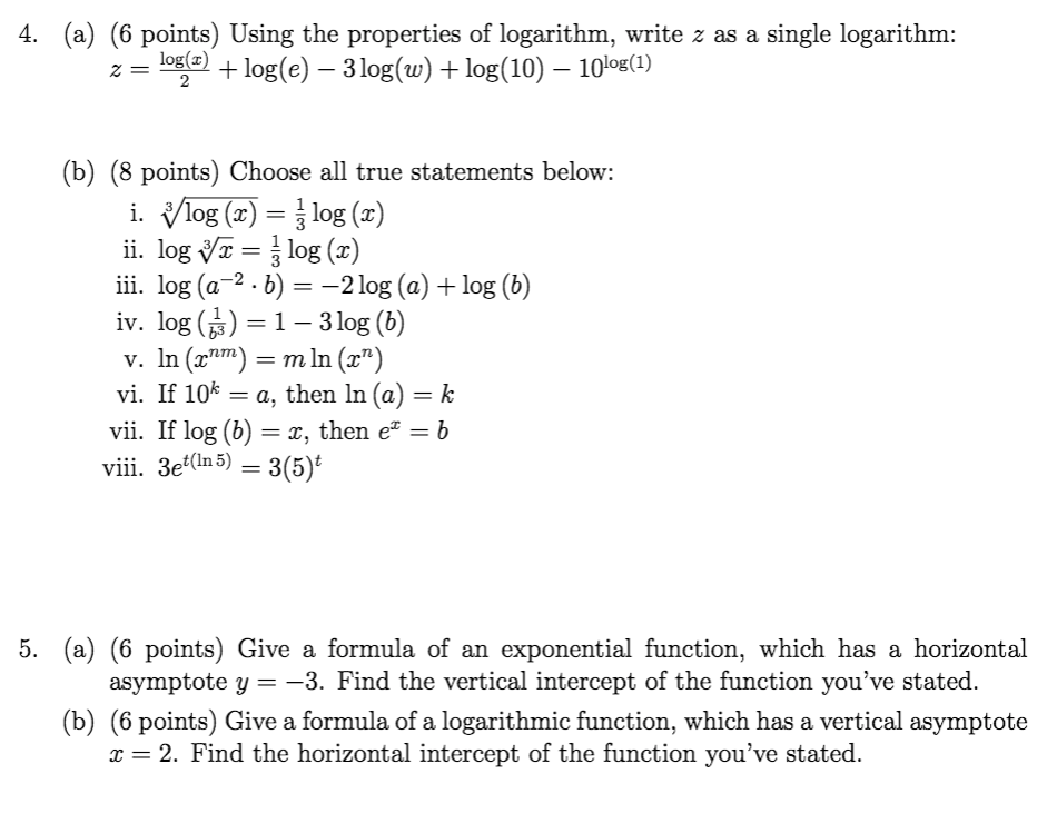 Solved 4. (a) (6 points) Using the properties of logarithm, | Chegg.com