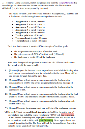 Solved 3. [18 marks] Using MS Excel, import the grades data | Chegg.com