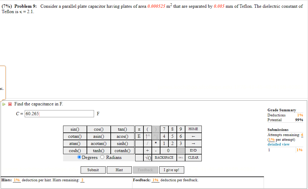 Solved (7\%) Problem 9: Consider a parallel plate capacitor | Chegg.com