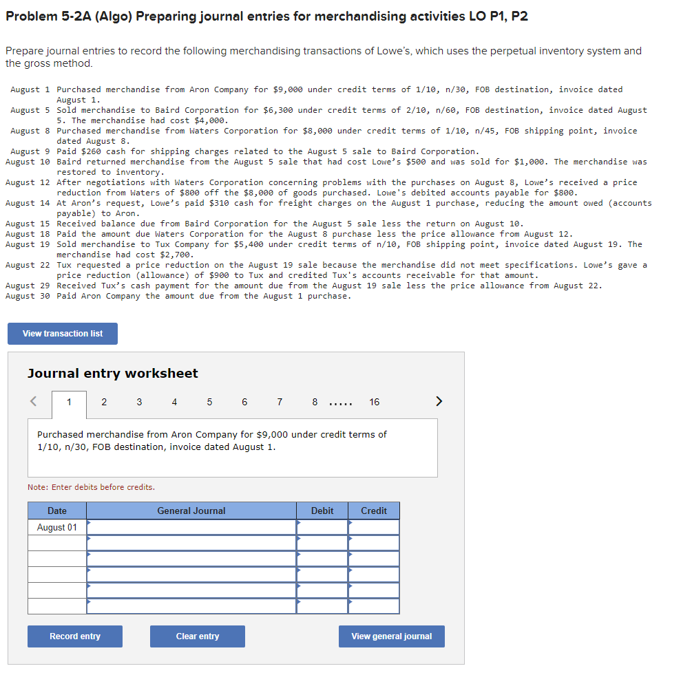 Solved Problem 5-2A (Algo) Preparing journal entries for | Chegg.com
