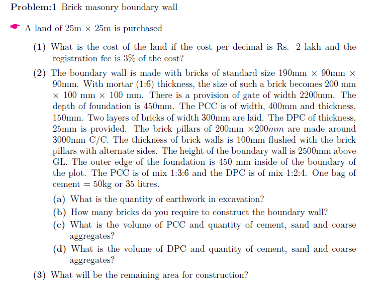 Solved Problem:1 ﻿Brick masonry boundary wallA land of | Chegg.com