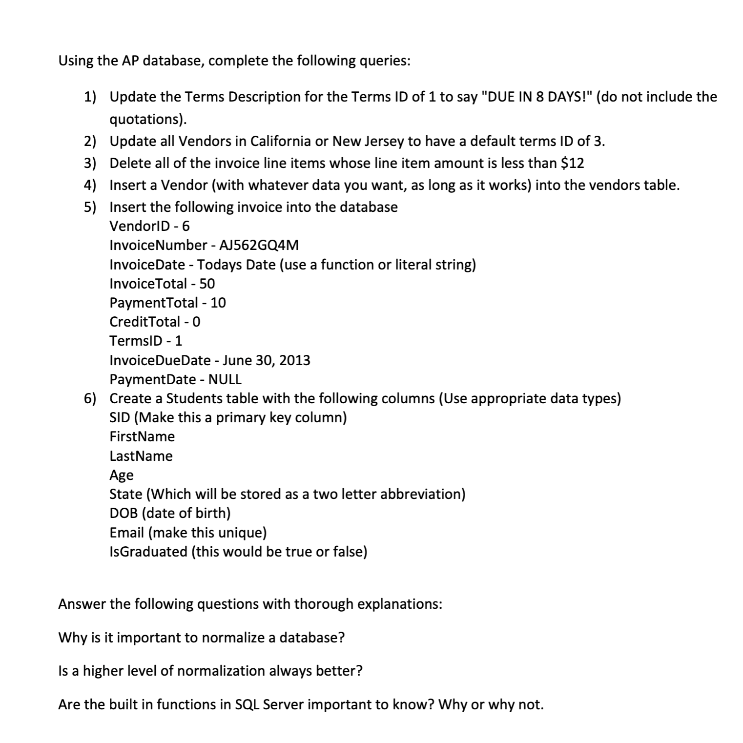 Solved Using the AP database, complete the following | Chegg.com