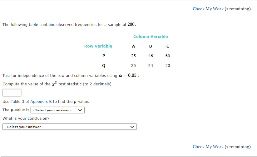 Solved Check My Work (1 remaining) The following table | Chegg.com