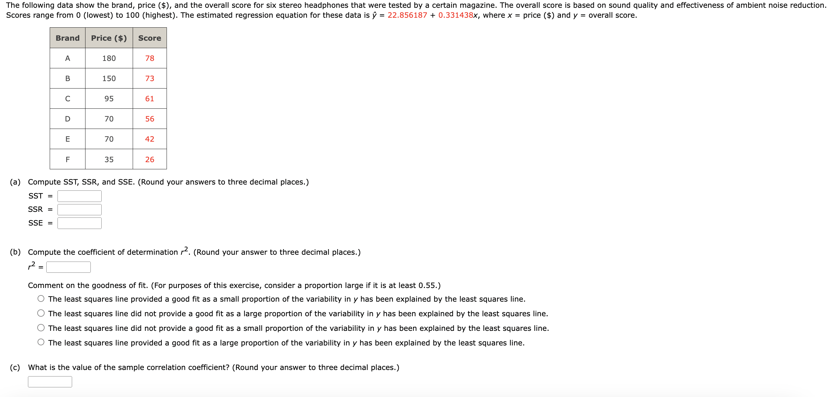 Solved (a) Compute SST, SSR, and SSE. (Round your answers | Chegg.com Solved (a) Compute SST, SSR, and SSE. (Round your answers | Chegg.com