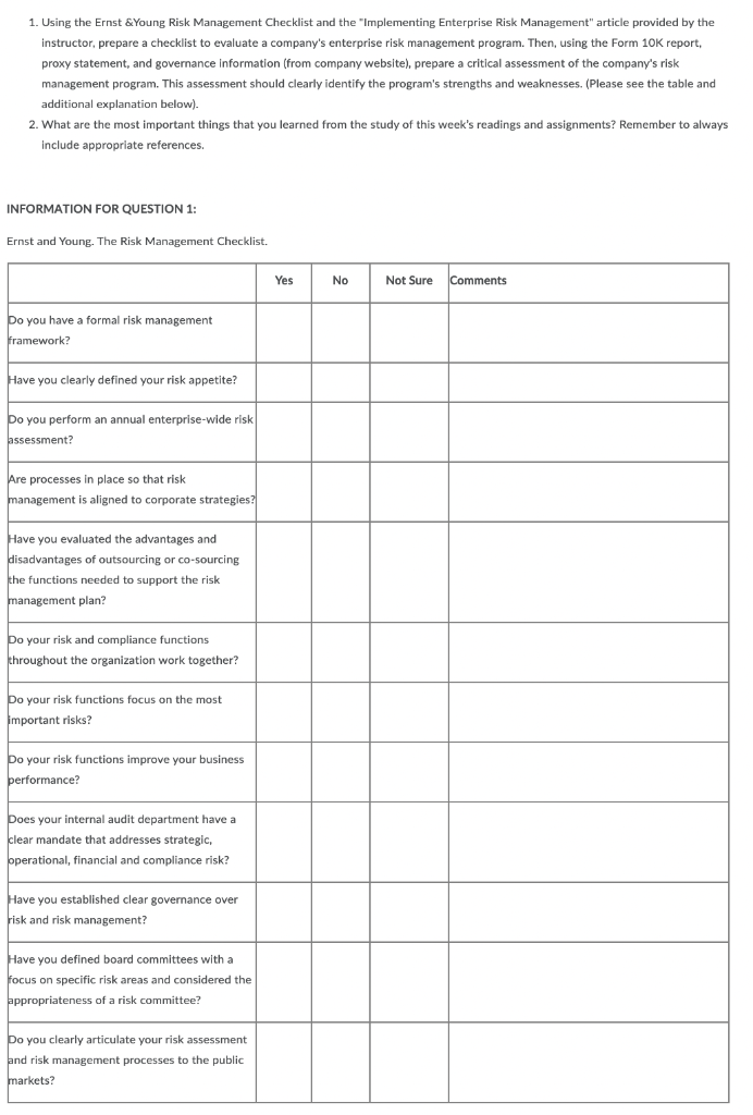 1. Using the Ernst & Young Risk Management Checklist | Chegg.com